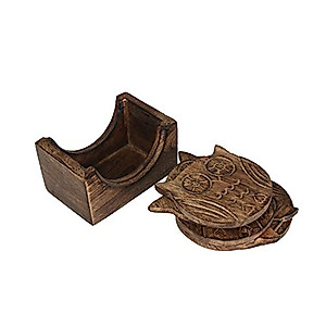 NIRMAN Wooden Crafted Coaster Set of 6 with Coasters Holder for Drink Bar Coaster Tea Coffee Mug Tabletop Barware Drink Handmade Dining Home Decor (Owl Shape)