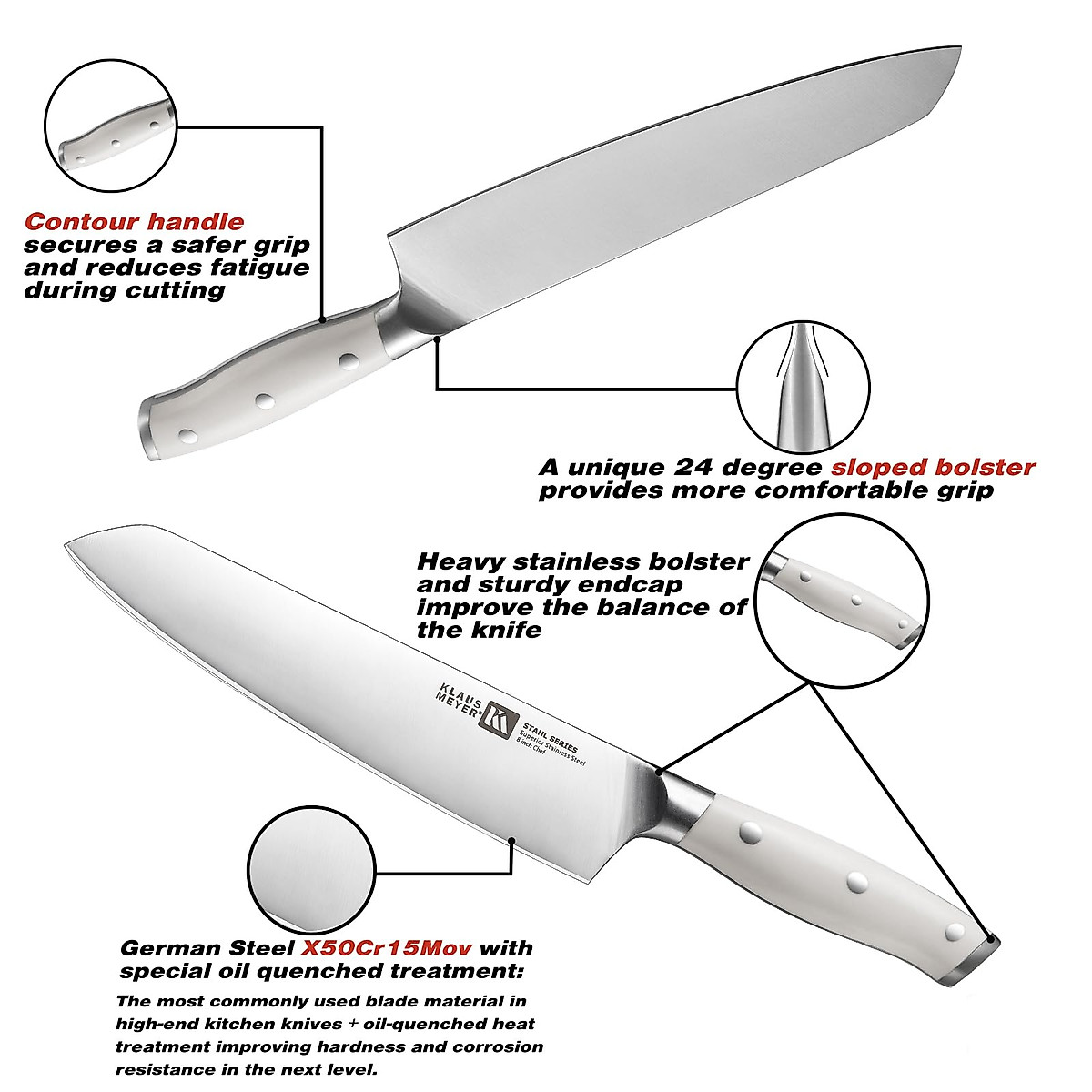 Klaus Meyer Stahl 19 Piece High Carbon Exclusive German Steel Knife Block Set (White)