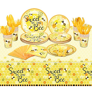 170 Pcs Bee Plates and Napkins Party Supplies Sweet As Can Bee Baby Shower Set Include Tablecloths, Plates, Napkins, Paper Cups, Knife, Fork, Spoon for Baby Shower Birthday Party Supplies, Serves 24