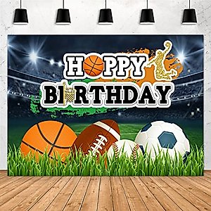 Aperturee 7x5ft Ball Sports Happy Birthday Backdrop Kids Boys Stadium Game Lawn Photography Background Baseball Football Basketball Rugby Portrait Party Decoration Cake Table Photo Studio Booth Prop
