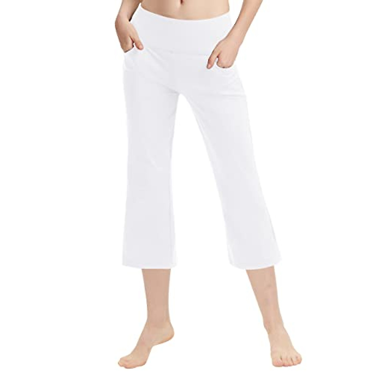 Zeronic Women's Yoga Capri Pants with Pockets Flare Workout Lounge Bootleg Leggings Bootcut Crop Exercise Pants(White,XX-Large)