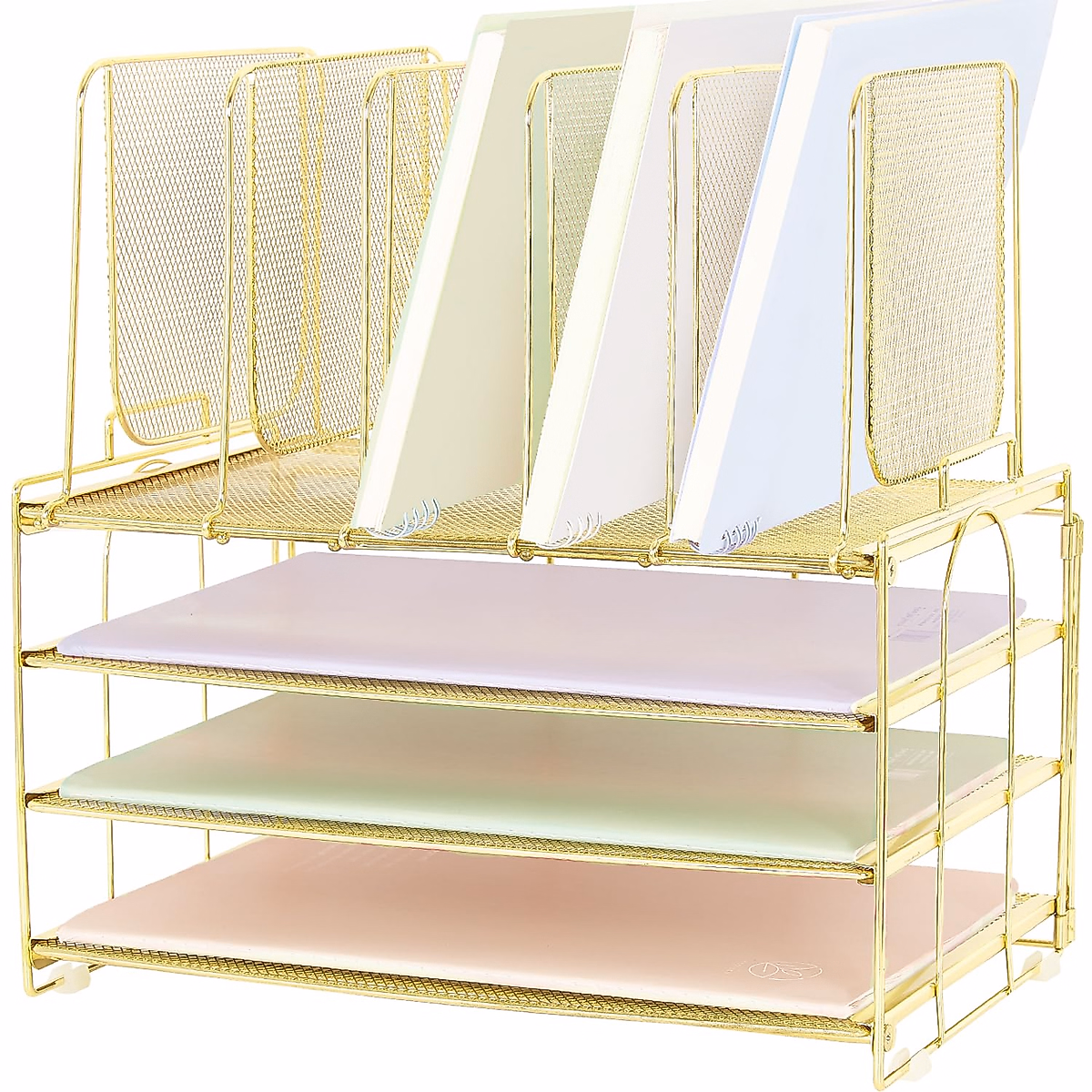 ORDROLL Desk Paper Organizer with Handle,3 Tier Letter Trays with 5 Vertical File Holder,Paper Storage,Desktop Organizer for Classroom,Home or Office,Gold