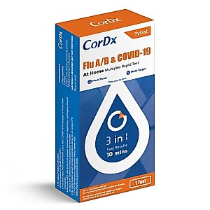 CorDx TyFast Flu A/B & Covid-19 Multiplex Rapid Test, 10 Mins at Home, FDA Authorized, 3-in-1 Combo Kit, 1 Test