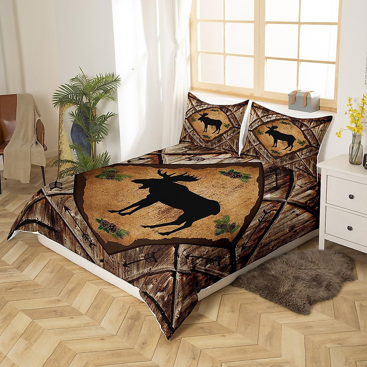 Moose Duvet Cover Queen Size 3 Pcs Barn Door Wooden Stripes Rustic Farmhouse Bedding Set for Kids Teens Adults Cartoon Tribal Arrow Wild Animal Plants Comforter Cover with 2 Pillowcases