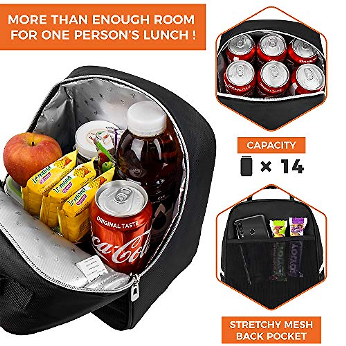 opux Premium Insulated Lunch Box for Boys, Girls | Durable Leakproof School Lunch Bag with Handle Clip, Mesh Pocket | Reusable Work Lunch Pail Cooler for Adult, Men, Women | Fits 14 Soda Cans (Black)