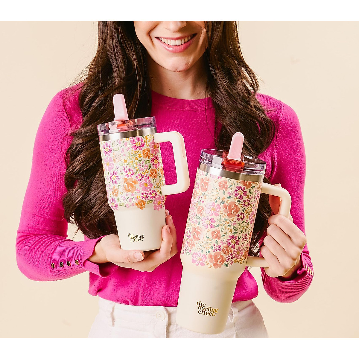 The Darling Effect Tumbler with Handle Matching Lid and Straw 40 oz Tumbler with Reusable Straws Garden Pink Stainless Steel Travel Mug 6 Piece Set for Hot Drinks Iced Coffee