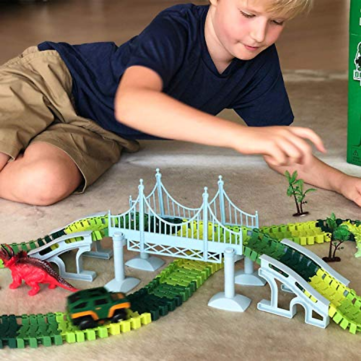 DINOSAUR Flexible Track Set FR2001: 173 total pieces - includes 1 Off-Road Electric Toy Vehicle & 2 Dinosaurs (Species May Vary)- Fun Learning Dino Gift for 3 Year Olds & Up
