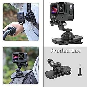 SUREWO 360° Rotation Backpack Strap Mount Quick Clip Mount Compatible with GoPro Hero 11,10,9,8,7,6,5,4,Fusion,DJI Osmo Action 3/2,AKASO,Campark,Crosstour Action Cameras