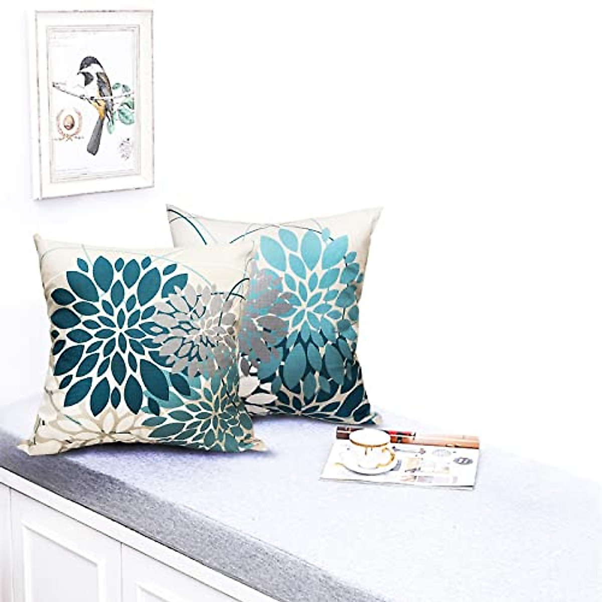 Teal Blue Decorative Throw Pillow Covers 18x18 Inch Pillow Covers for Couch Living Room Bedroom Outdoor,Modern Sofa Throw Pillow Cover,Farmhouse Geometric Floral Linen Square Pillow Case,Set of 2