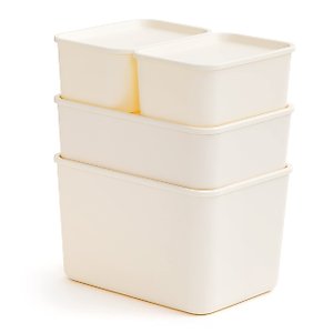 IRIS USA Plastic Modular Basket Bin & Lid, Combo (S/M/L), Stackable Lidded Storage Organizer Bins for-Kitchen-Bathroom and Bedroom, Off White