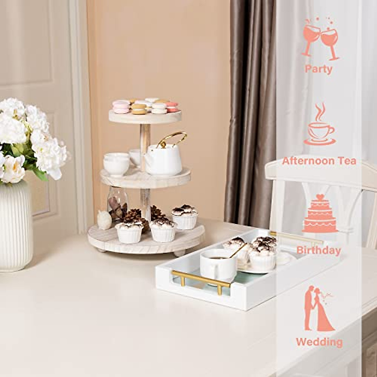 VIVIRBIEN 3 Tier Cupcake Stand Round,Wood Cake Stand with Tiered Tray Decor,Rustic Cake Stand,Cupcake Display for Home Tea Party, Birthday, Wedding, Farmhouse Decor,Woodland Baby Shower