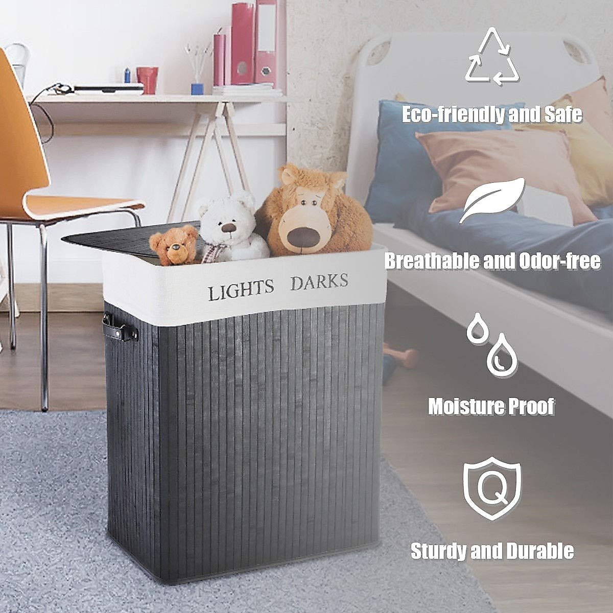 GOFLAME Bamboo Laundry Basket Folding, Dirty Laundry Hamper, Dirty Clothes Basket Bin with Lid and Removable Liner, Two Sections with Large Storage, Handle Grip, Ideal for Bedroom Bathroom (Black)