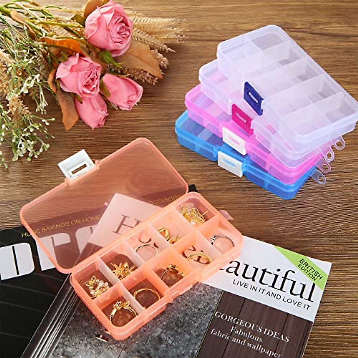 Acrux7 30 Pack 10 Grids Plastic Organizer Box with Dividers, 5 x 2.5 Inch Small Clear Bead Storage Containers, Small Plastic Tackle Boxes, Stackable Jewelry Boxes for Beads, Buttons, Earrings