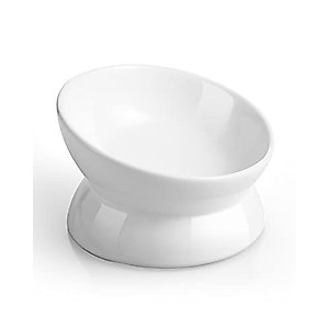 LoeJan Elevated Cat Food Bowl, 5 Oz Ceramic Raised and Tilted Water Bowl, Anti Vomiting and Protect Pets' Spines Dishes for Small Dog, Fat Faced Cat, Kitten (White, 1 Pack)
