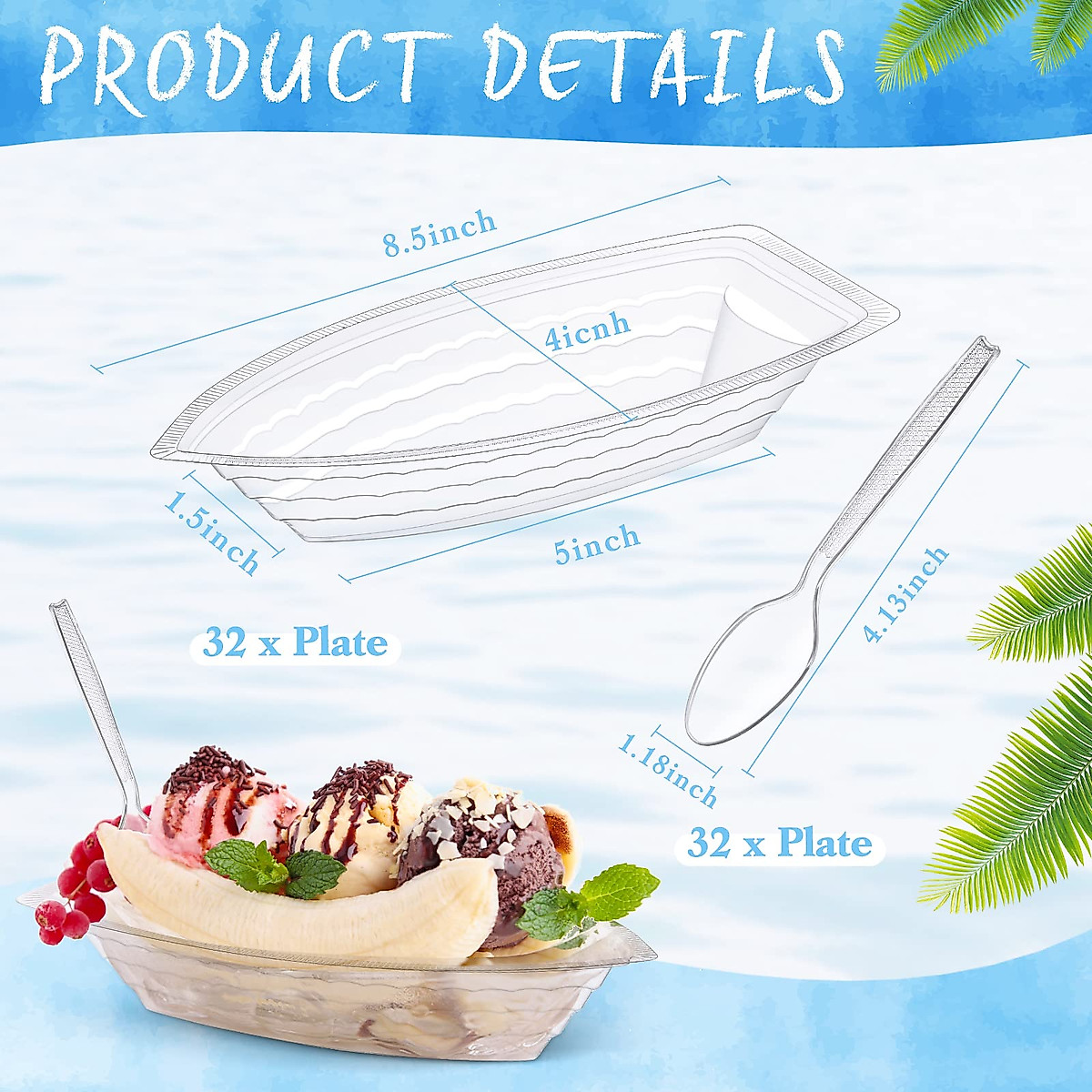 32 Pcs 8 Oz Disposable Banana Split Boats with Spoons, Clear Plastic Ice Cream Sundae Bowls Banana Split Ice Cream Dishes Dessert Bowls Splits Bowl Tray for Kids Birthday Party Graduation