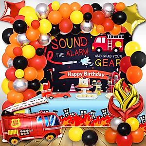 Winrayk Fire Truck Birthday Party Decorations Supplies for Boys Kids Teen, Fire Balloon Arch & Backdrop Tablecloth Fire Truck Flame Star Foil Balloon Fireman Firefighter Firetruck Birthday Decorations