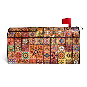 Portuguese Tiles Mailbox Covers Magnetic Standard Size 21" X 25.5" Mailbox Cover Waterproof Sun Protection Mailbox Wraps Post Letter Box Cover for Outdoor Garden Home Decor
