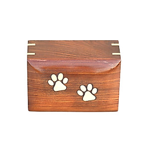 SUPER QUALITY HANDICRAFTS INDIA Wooden Brass Paw Print Urns For Pet Ashes | Wood Cremation Urns For Cat and Dog Ashes | Decorative Urns | Funeral Urns | Keepsake Box
