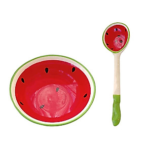 Rice Container 1 Set Dessert Bowl and Spoon Watermelon Shape Serving Bowls Ceramic Salad Bowls Kitchen Mixing Bowls Fruits Dish for Cereal Pasta Snack Appetizer Food Container Japanese