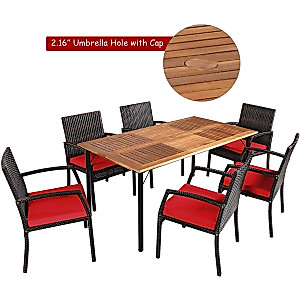 Tangkula 7 Pieces Patio Dining Set, Acacia Wood Wicker Dining Furniture Set with Sturdy Steel Frame & Umbrella Hole, Outdoor Dining Table Chair Set with Removable Cushions for Backyard, Garden