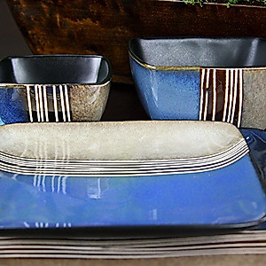 Elama Square Stoneware Loft Collection Dinnerware Dish Set, 16 Piece, Blue and Tan with White Accents