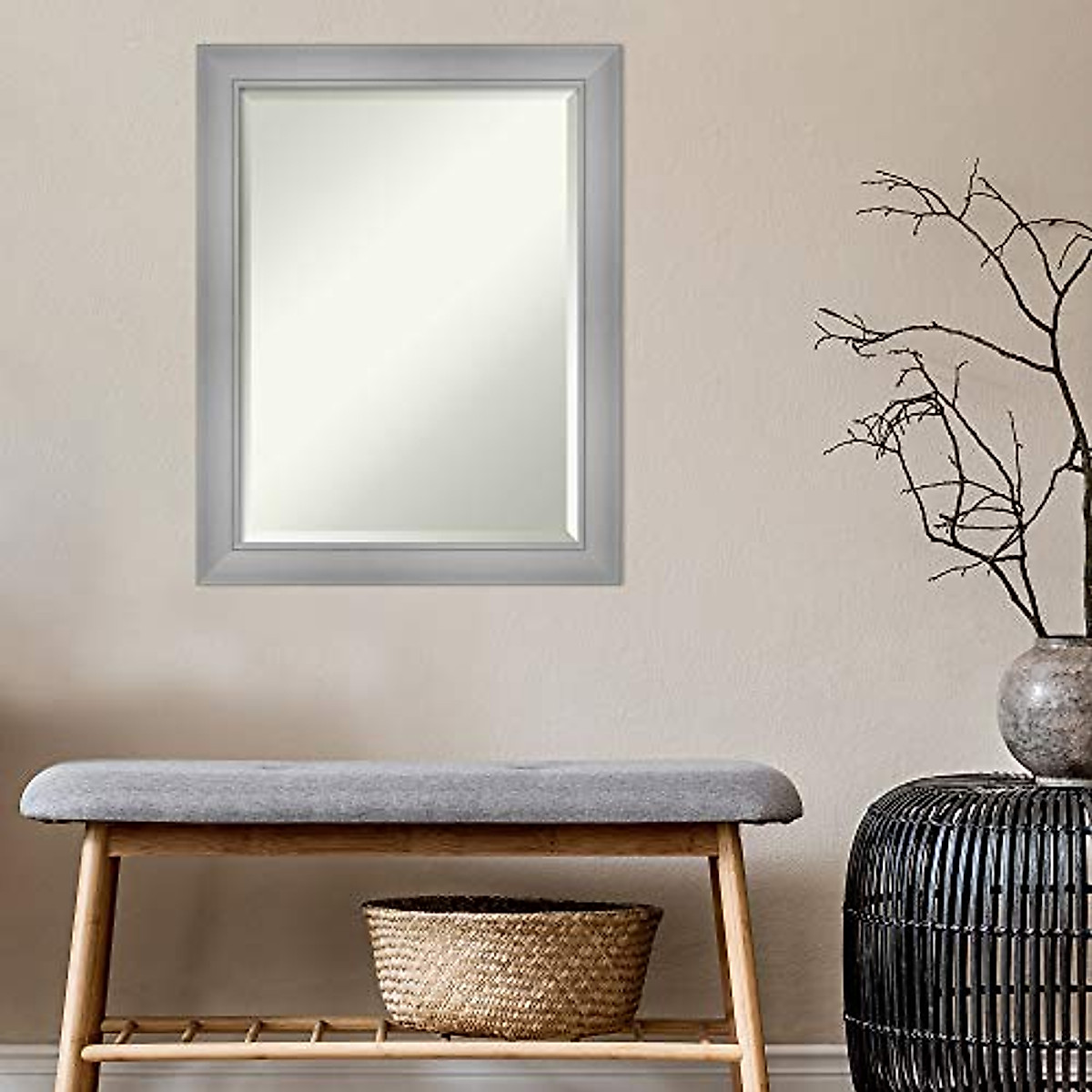 Amanti Art Bathroom Mirror, Flair Polished Nickel Wall Mirror for use as Bathroom Vanity Mirror Over Sink (28 x 22 in.) Beveled Mirror, Silver Mirror, Casual Mirror from WI, USA