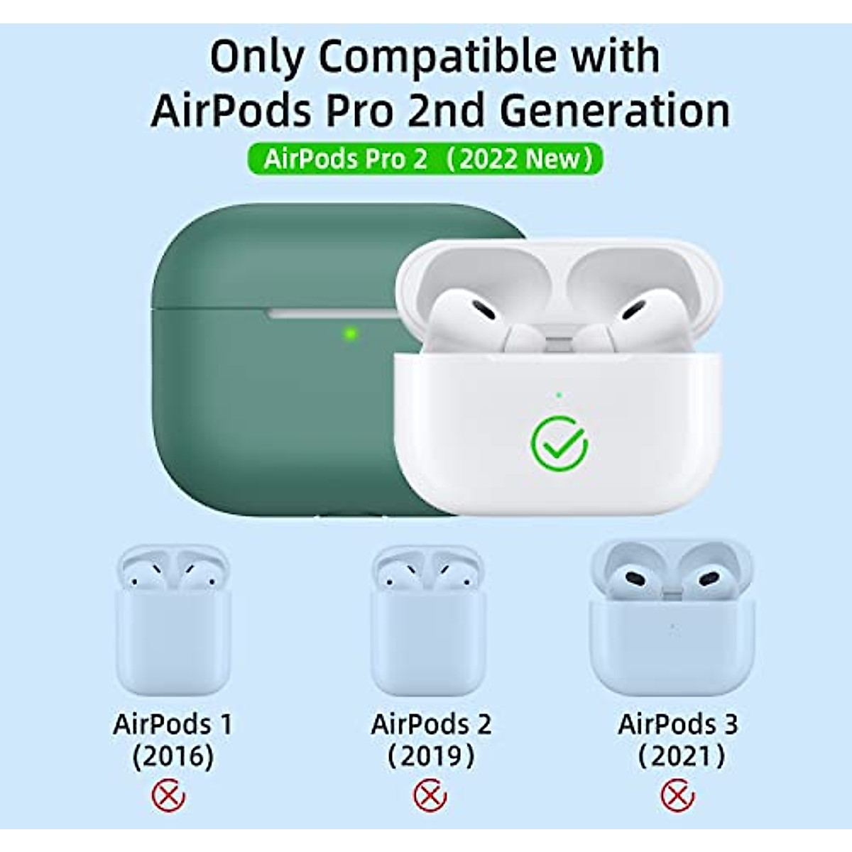 IMIVIO Airpods Pro 2 Case Cover 2022/AirPods Pro Case 2019, Silicone Protective Charging Case Skin Compatible Apple Airpods Pro 2nd/1st Generation Case with Keychain, Front LED Visible (Pine Green)