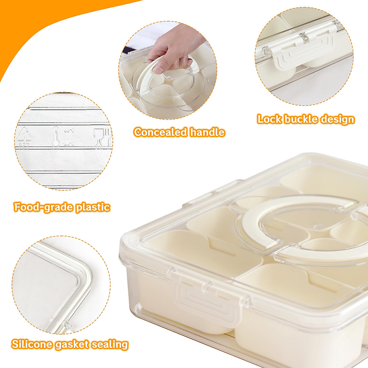 Atildp Snackle Box Container: Divided Serving Tray with Lid and Handle, Includes 8 Compartments for Dry Fruit Snack Box, Portable Fruit Tray Great for Kitchen, Party, Picnic, Travel