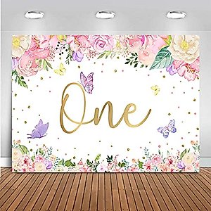Mocsicka Butterfly Floral Birthday Backdrop Girls Princess Watercolor Flowers Golden Dots Background Banner Vinyl Happy 1st First Birthday Party Decoration Cake Table Photo Booth (7x5ft)