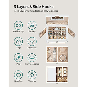 SONGMICS Jewelry Box 3 Layers, Jewelry Organizer with 2 Drawers, Jewelry Case with Portable Travel Case, with Handle, Lockable, Jewelry Storage, Gift for Loved ones, White UJBC121W