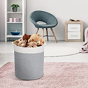 KEEGH Large Cotton Rope Blanket Basket 15" x 18" for Living Room Decorative Woven Laundry Basket with Hanldes Nursery Toy Basket Floor Storage Basket for Blankets Pillows Toys Towels, White & Grey
