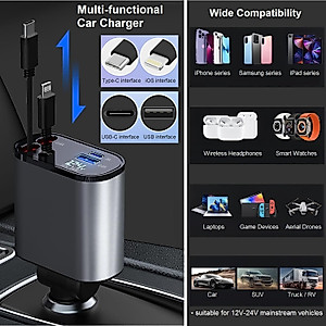 Retractable Car Charger Fast Charging - 66W 4-in-1 USB C Car Phone Charger Cigarette Lighter Adapter Car Charger Compatible with iPhone 15 14 13 12 Pro Max iPad Android Pixel Huawei Tablet