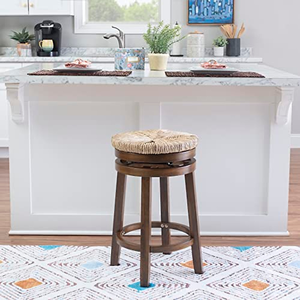 Powell Maya Walnut Backless Counter Stool with Woven Seagrass Swivel Seat