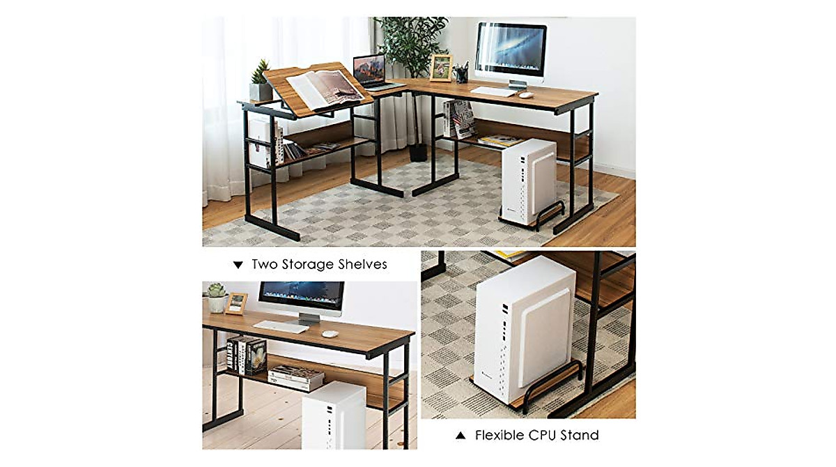 Tangkula L-Shaped Drafting Desk - Space-Saving Corner Computer Desk