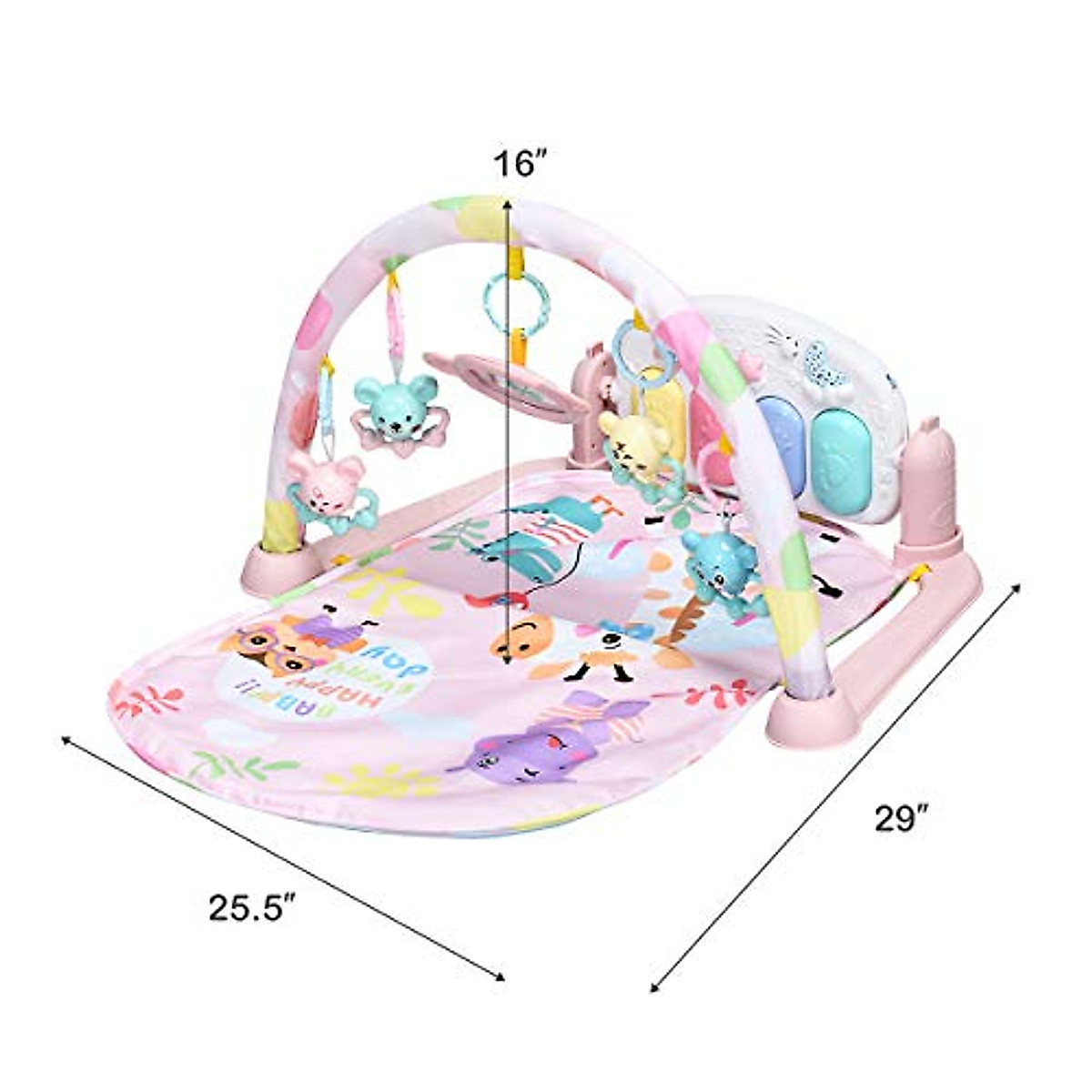HONEY JOY Baby Play Mat, Kick & Play Piano Tummy Time Gym Fitness Playmat, 4 Rattle Pendants and 1 Mirror, Newborn Deluxe Music Activity Center for Toddler Infants (Pink)
