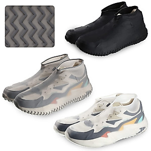 3 Pairs Silicone Shoes Covers Rain Boots Reusable Waterproof Shoe Covers Non Slip Overshoes Unisex Shoe Protectors for Women Men, Black White Gray (Large)