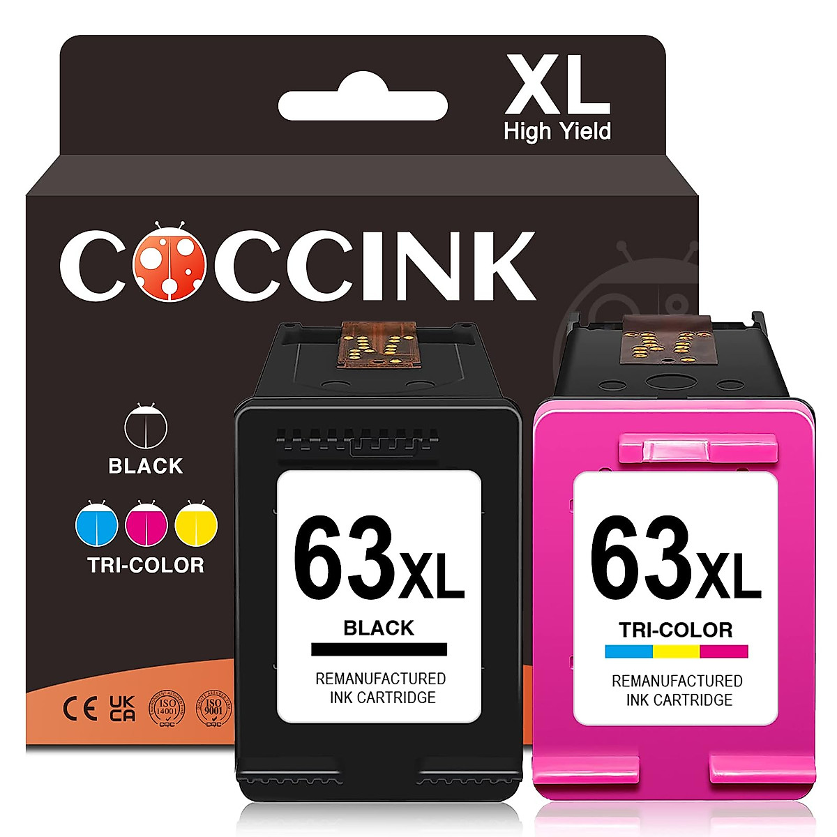 COCCINK 63XL Remanufactured Ink Cartridge Replacement for HP 63 XL F6U64AN for Officejet 3830 4650 4652 5200 5252 5258 Envy 4520 4512 Deskjet 1112 2132 3630 Printer (1 Black, 1 Tri-Color) Combo Pack