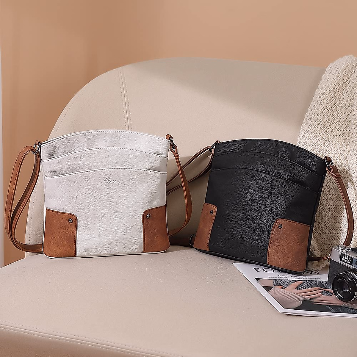 CLUCI Crossbody Bags for Women Leather Purse Travel Vacation Triple Pockets Vintage Handbags Shoulder Bags Black with Brown