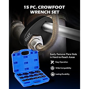 Orion Motor Tech Crowfoot Wrench Set for 8 to 24 mm Flare Nuts, Crowfoot Flare Nut Tool Kit, 15 Piece Large & Small Metric Wrench Set for 3/8" and 1/2" Drives Ratchets Extenders for Nut Removal