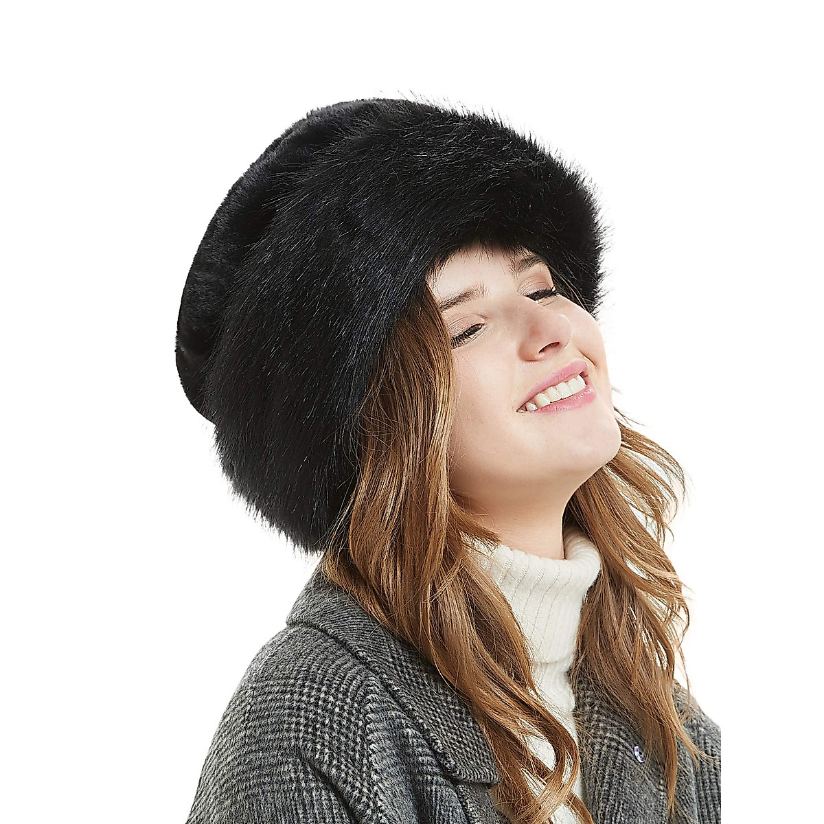 Soul Young Women's Leopard Faux Fur Hat with Fleece and Elastic for Winter(One Size,Black)