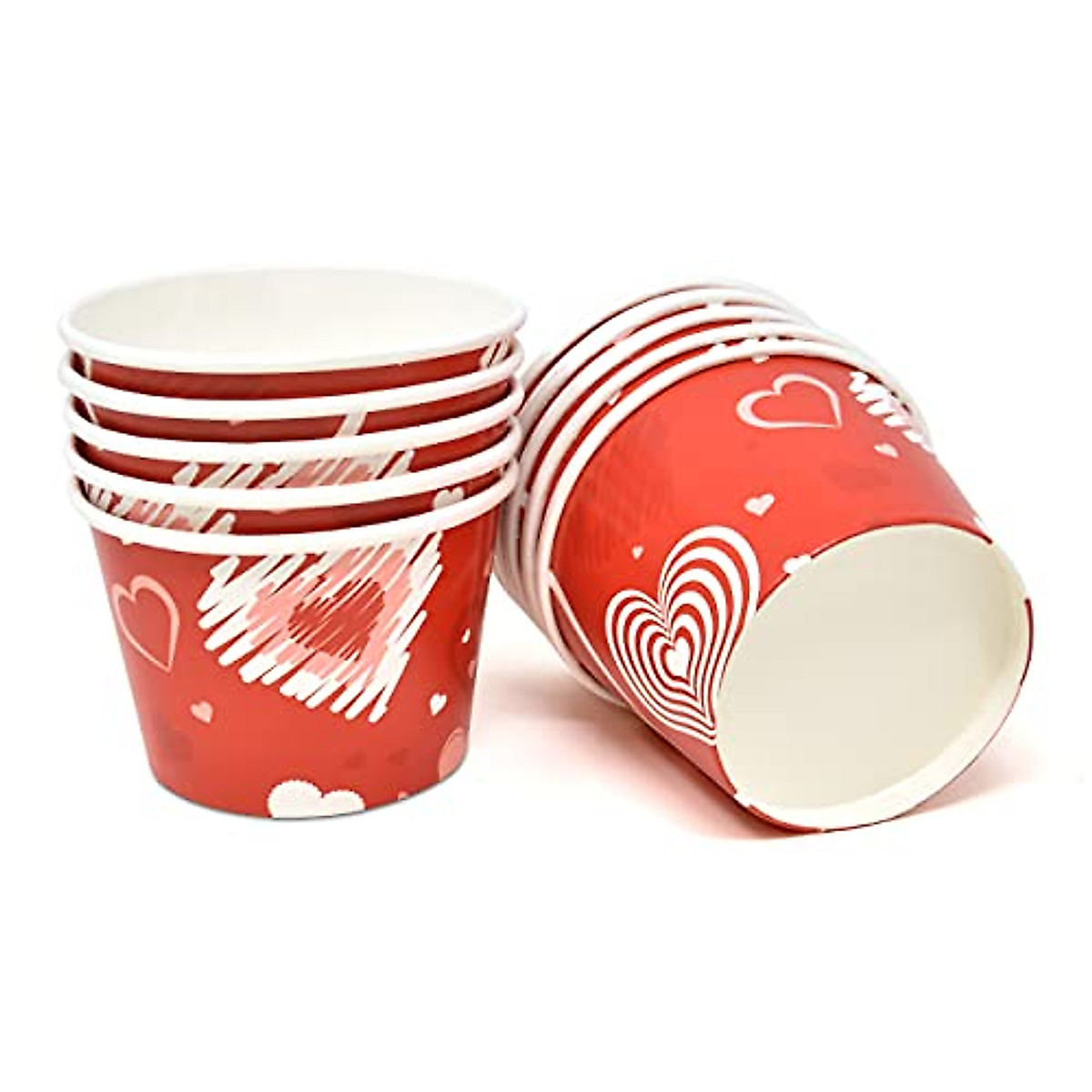 48 Count Valentine's Day Treat Snack Cups 10 Oz. Valentines Heart Disposable Paper Cup Dessert Ice Cream Bowl Pink Red White Holiday Hearts Design For Frozen Treats Cupcakes Party Favor Supplies Decor