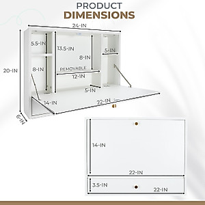 Casa Bonvie Wall Desk - Preassembled - Floating Desk - Wall Mount Stand with Foldable Magnetic Tabletop for Laptop Six Shelves & Drawer, Hanging Space Saver Mounted Table for Home Office & Bedroom