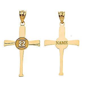 Certified 14k Yellow Gold Baseball Bats Athletes Cross Pendant Sports Number and Name