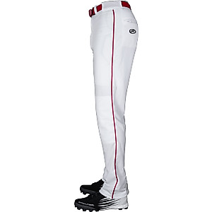 Rawlings | Semi-Relaxed Full Length Baseball Pant | Piped | Adult Small | White/Scarlet