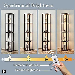 FENLO Fantasy 66" Luxury Glass Display Shelf with Dimmable LED Floor Lamps, Sturdy Glass Shelves for Bedroom, Curio Cabinet with Glass Bookshelf Display Case, Floor Lamp with Shelves - Brown