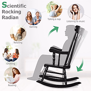 Tangkula Patio Rocking Chair Solid Rubber Wood, Outdoor Porch Rocker Chair with Rubber Wood Frame, Indoor Wooden Rocking Chair, Ideal for Garden, Backyard & Balcony (1, Black)