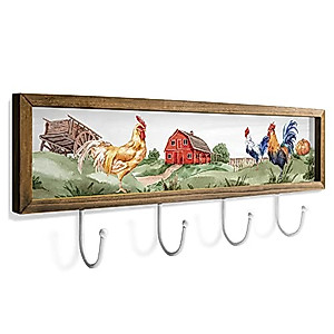 Knot and Style Rooster Decor Wall Art - Chicken Kitchen Decor (4 x Towel/Coat/Key Hooks) Made from Wood 3.5 x 16.9 & Wall Mounting Screws Country Kitchen Decor - Rooster Kitchen Decorations