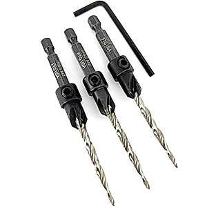 FTG USA Countersink Drill Bit Set 3 Pc #8 (11/64") Countersink Drill Bit with Tapered Drill Bits, Quick Change Hex Shank Countersink Bit, 1 Hex Wrench, Counter Sinker Drill Bit Set for Woodworking