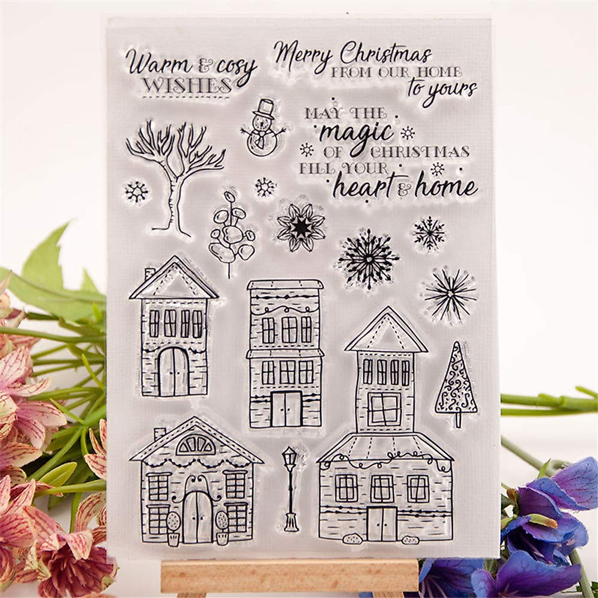 arriettycraft Merry Christmas House Clear Stamps for Card Making or Journaling, Snowflakes Trees Christmas Greetings Rubber Stamps for Journals Scrapbooking Album Decoration