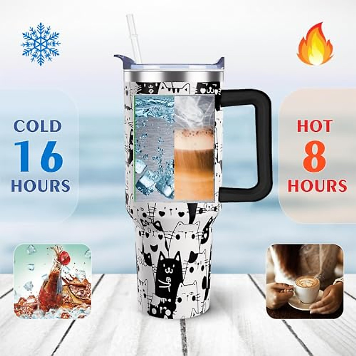 Mindunm 40 oz Cute Cat Tumbler with Handle and Straw Lid cat gifts for cat lovers for Women Double Insulated Cup Travel Coffee Mug